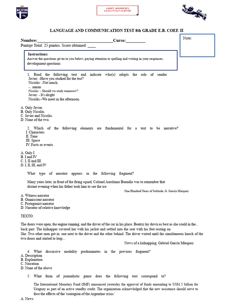 Language Test Eighth Grade | PDF