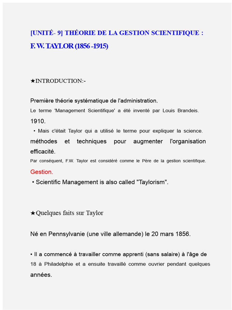 Gestion Scientifique de Taylor : Principes et Techniques | PDF ...