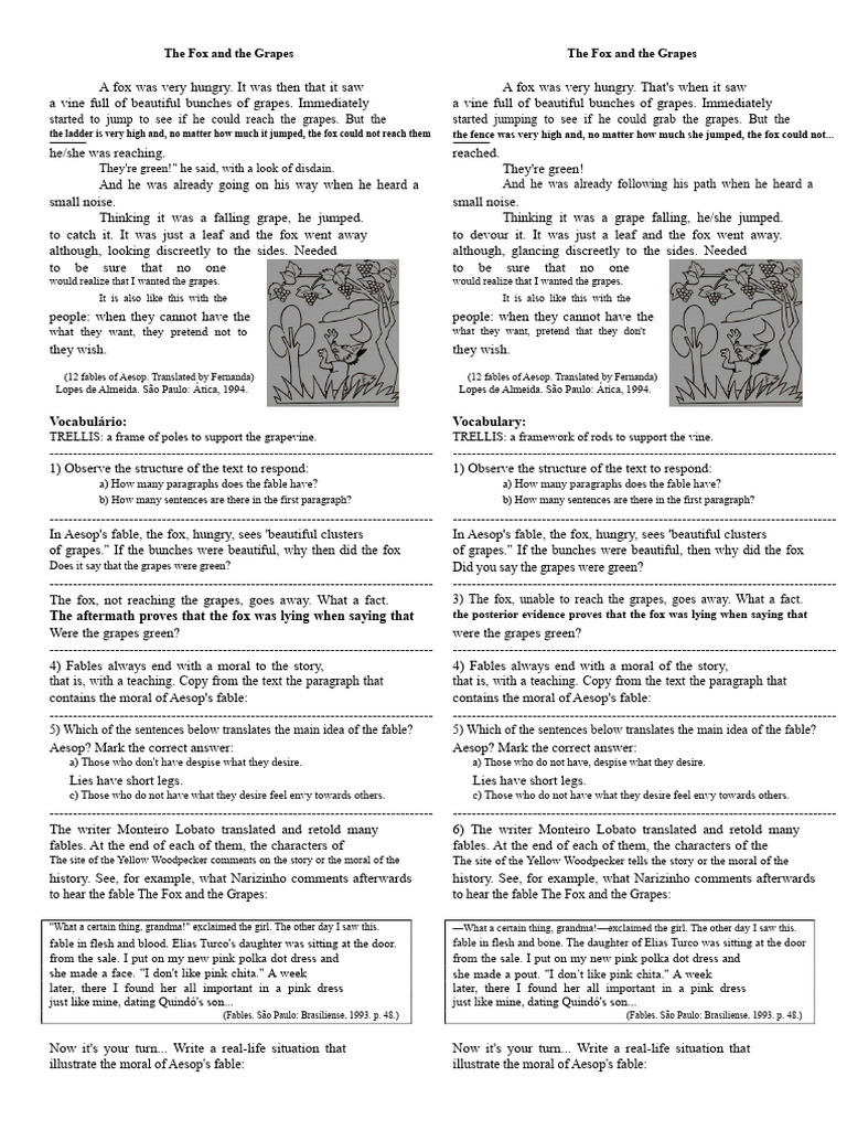 The Fox and the Grapes Fable Summary | PDF | Fable | Traditional Stories