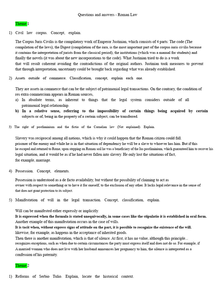 Questions and Answers Roman Law Exam UNLZ | PDF | Roman Law | Property