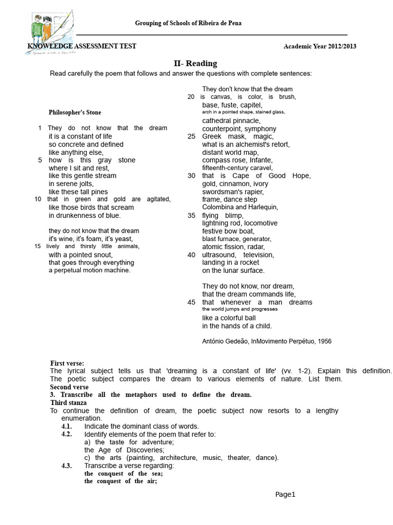 Ribeira de Pena Schools Poetry Test | PDF | Poetry | English Grammar