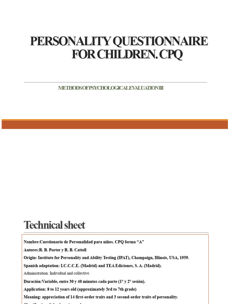 PERSONALITY QUESTIONNAIRE FOR CHILDREN. CPQ - Class Notes | PDF ...