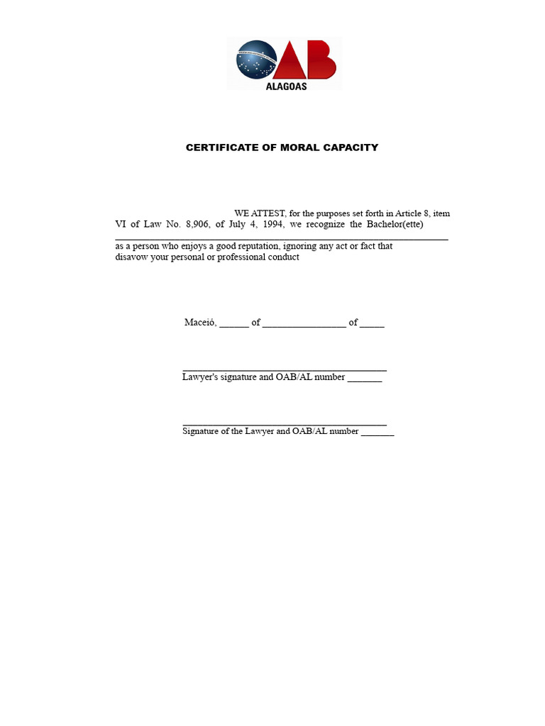 Certificate of Moral Capacity Template | PDF