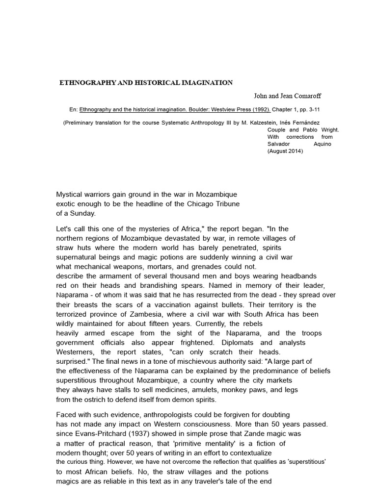 Comaroff Jean and John The Ethnography and The Historical Imagination ...
