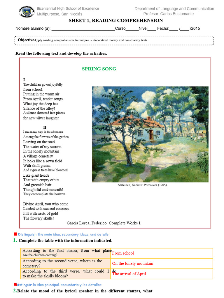 Sheet 1, Spring Song, Poem. Guideline | PDF