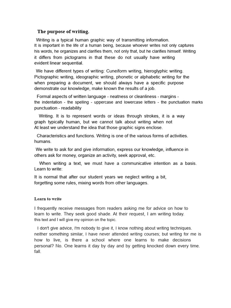 The purpose of writing | PDF | Language Development | Communication