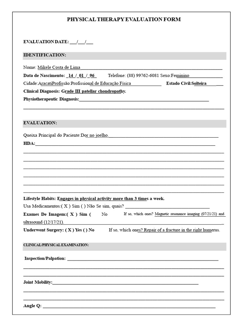 Physio Evaluation Form | PDF | Anatomical Terms Of Motion | Knee