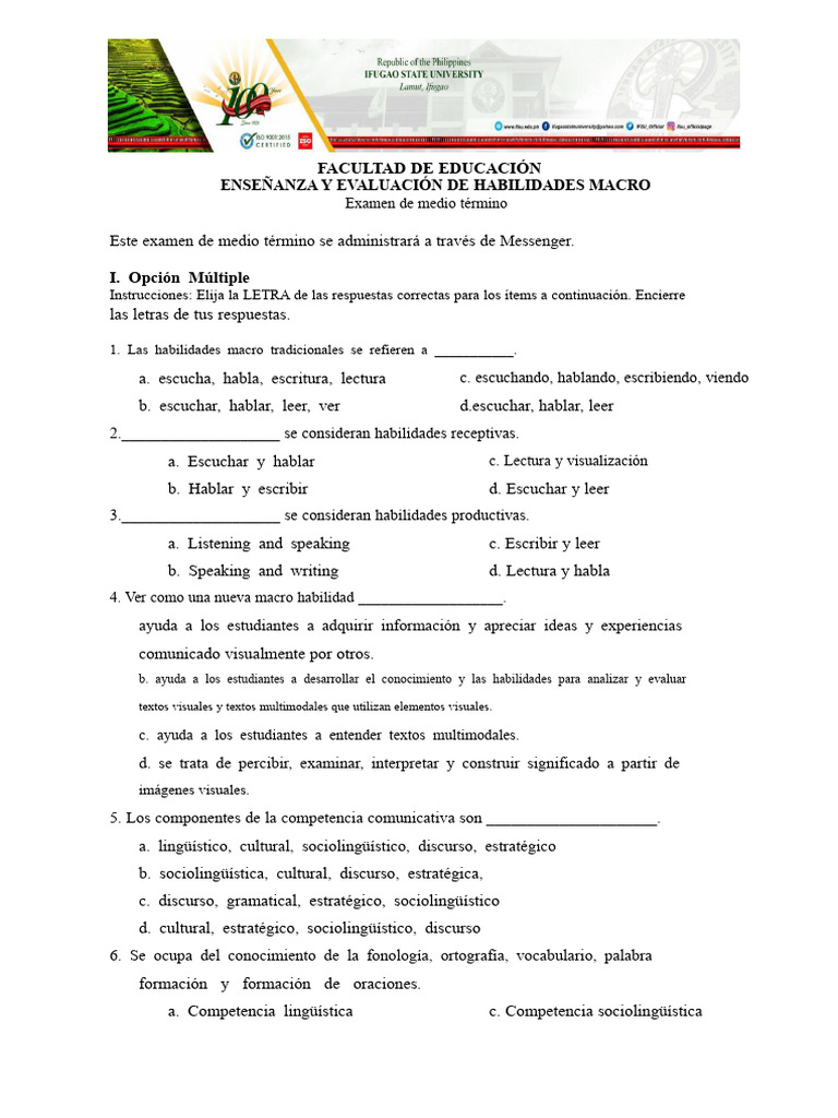 Enseñanza y Evaluación de Macro Habilidades - Examen de Medio Término ...
