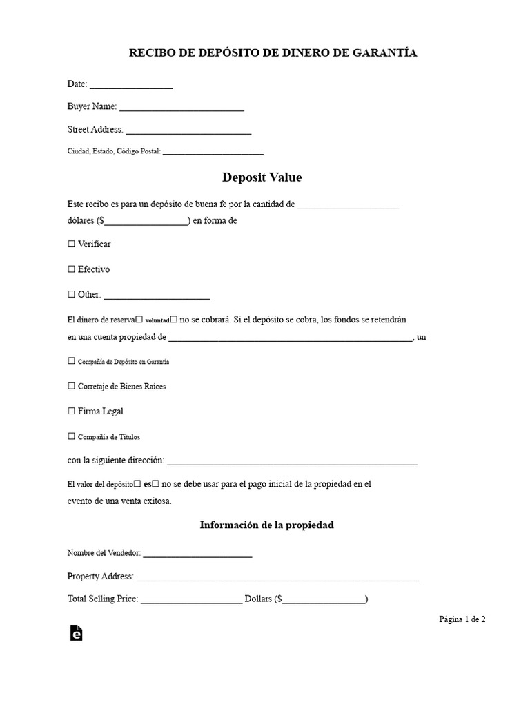 Plantilla De Recibo De Depósito De Dinero En Garantía Pdf Dinero