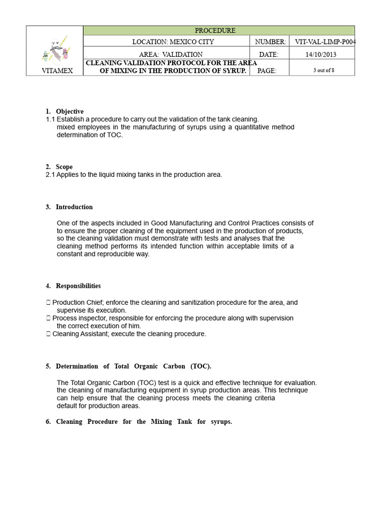 Syrup Production Cleaning Validation Protocol | PDF | Total Organic Carbon