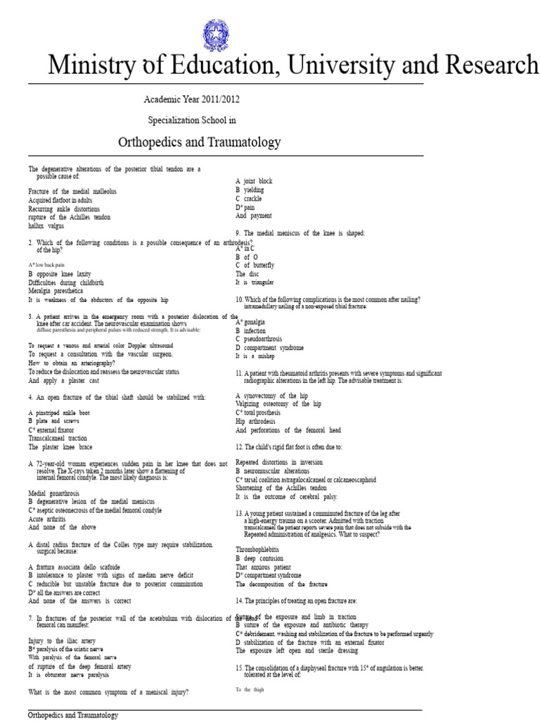 Orthopedics and Traumatology Exam Guide | PDF | Knee | Hip