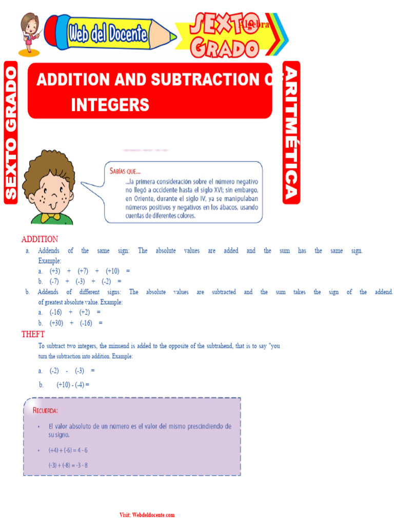 Addition and Subtraction of Integers for Sixth Grade of Primary School ...