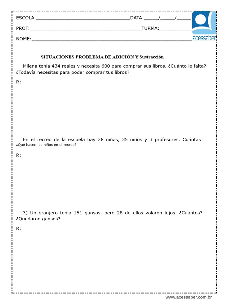 Actividad de Matematica Situaciones Problema de Adicion y Sustraccion 3 ...