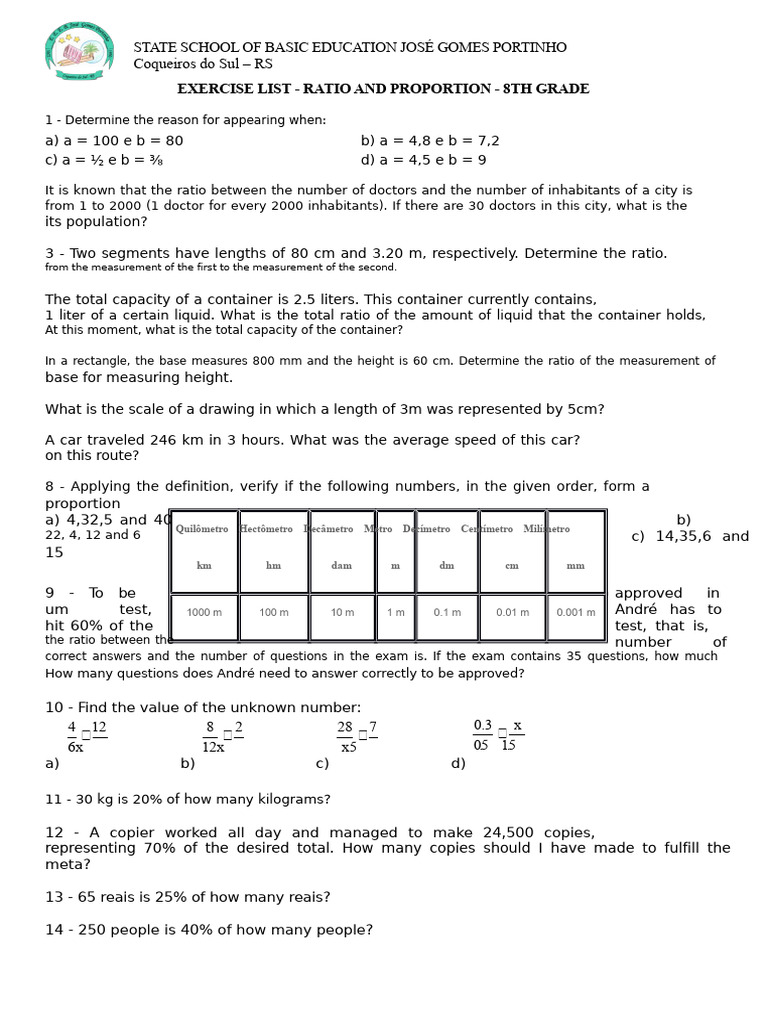 8th Grade Ratio and Proportion Exercises | PDF | Ratio | Quantity