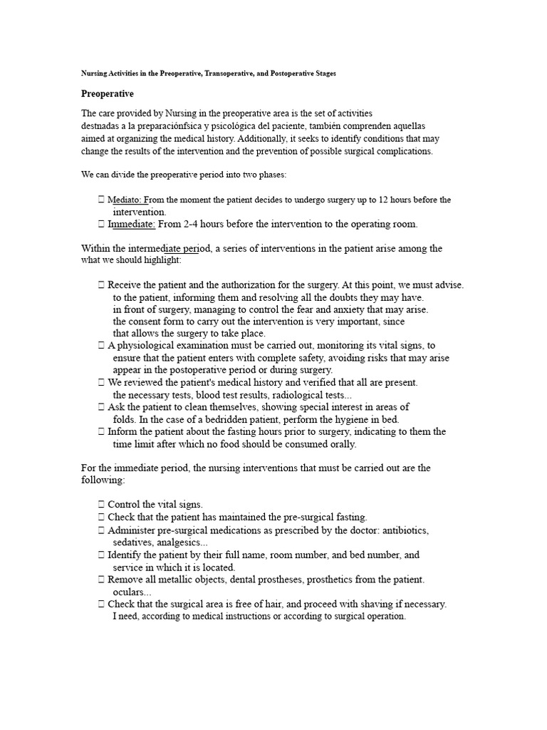 Nursing Activities in The Pre, Trans, and Post Operative Stages | PDF ...