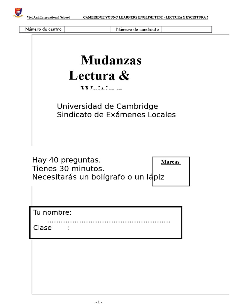 Examen de Lectura y Escritura de Movers | PDF | Circo