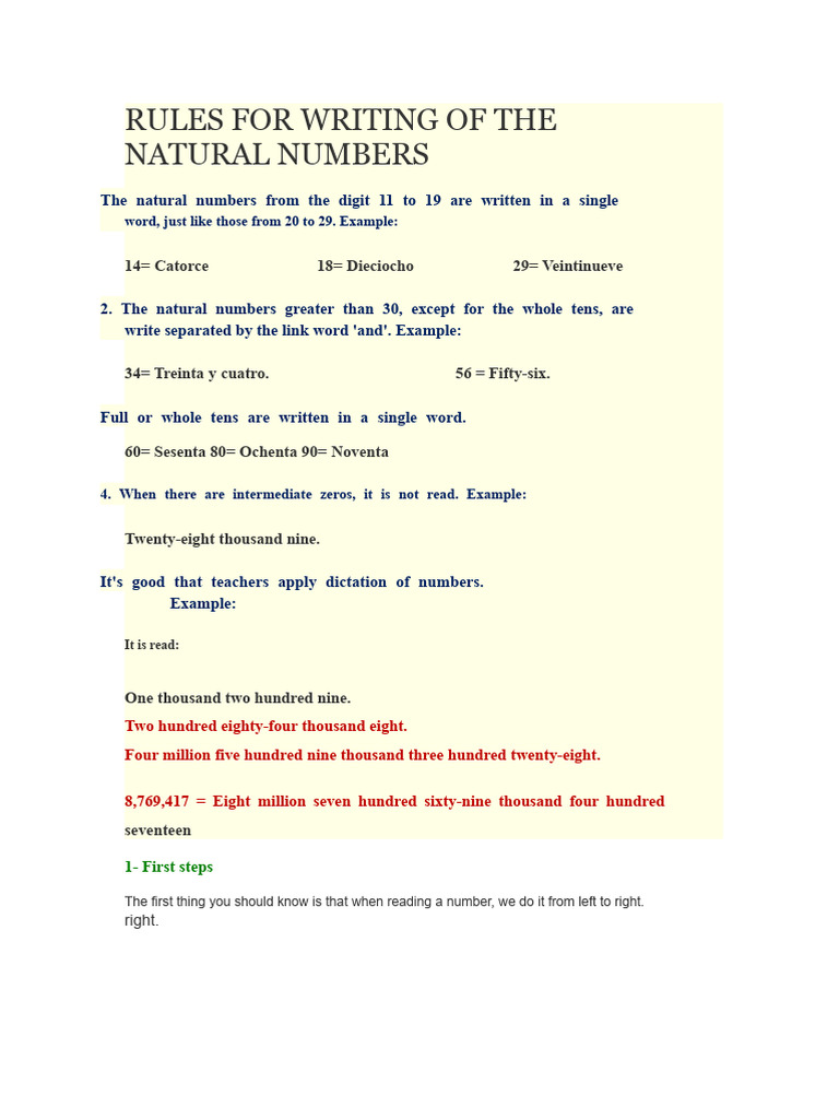 RULES FOR WRITING NATURAL NUMBERS class reading and writing of numbers ...