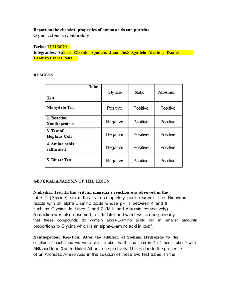 Report 7 - Chemical Properties of Amino Acids and Proteins | PDF ...