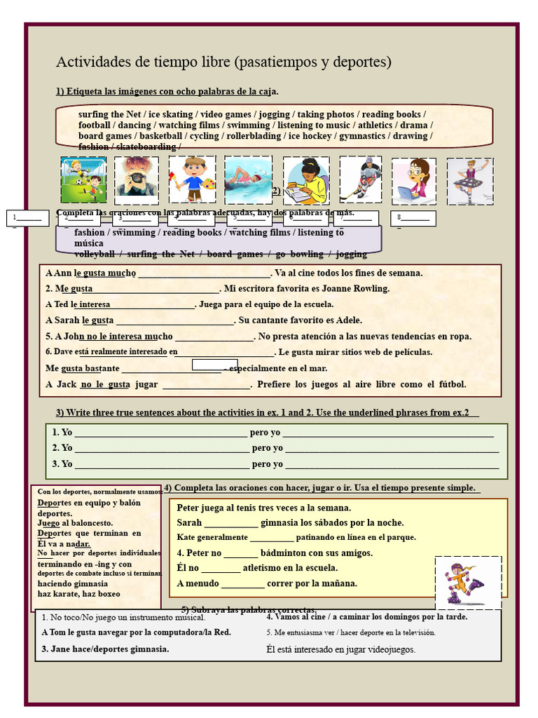 Actividades de Tiempo Libre Hobbies y Deportes Ejercicios Actividades ...