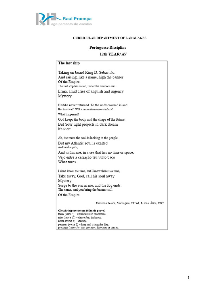 Poem to the Last Ship - Questionnaire with Correction | PDF | Poetry