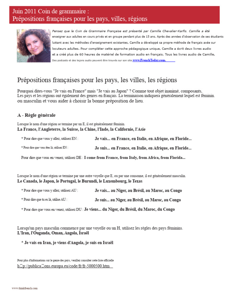 Prépositions françaises pour lieux et pays | PDF | Genre grammatical ...