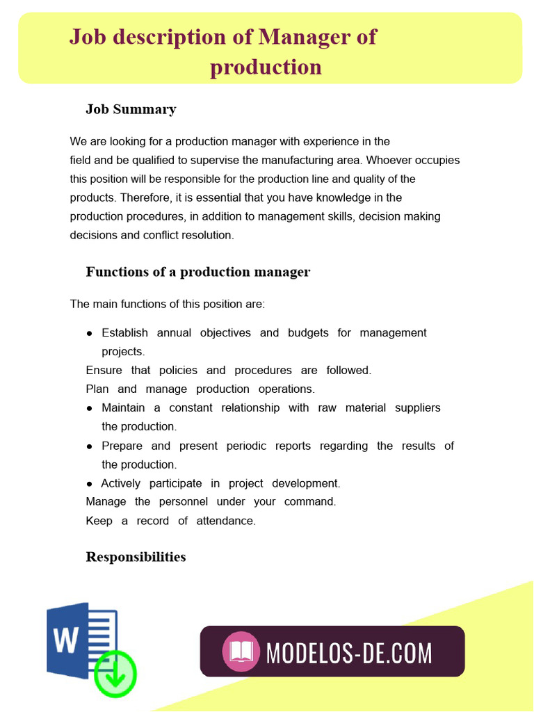 Production Manager Job Description | PDF