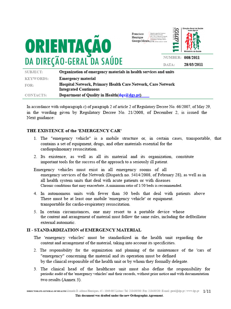 DGS - Organization of Emergency Material in Health Services and Units ...