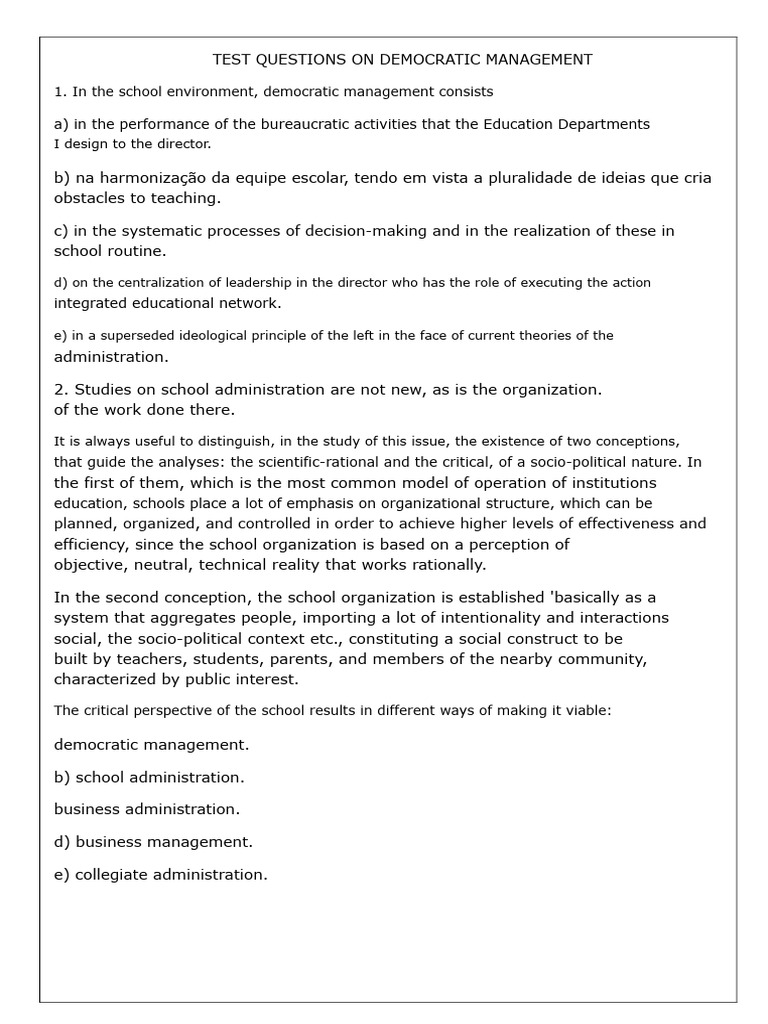 Democratic Management Exam Questions - Teacher Contest | PDF ...