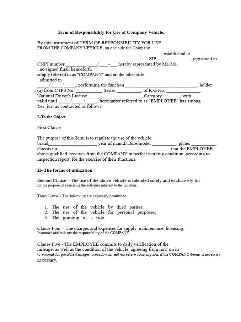 Responsibility Term For Use of Company Vehicle | PDF | Employment ...