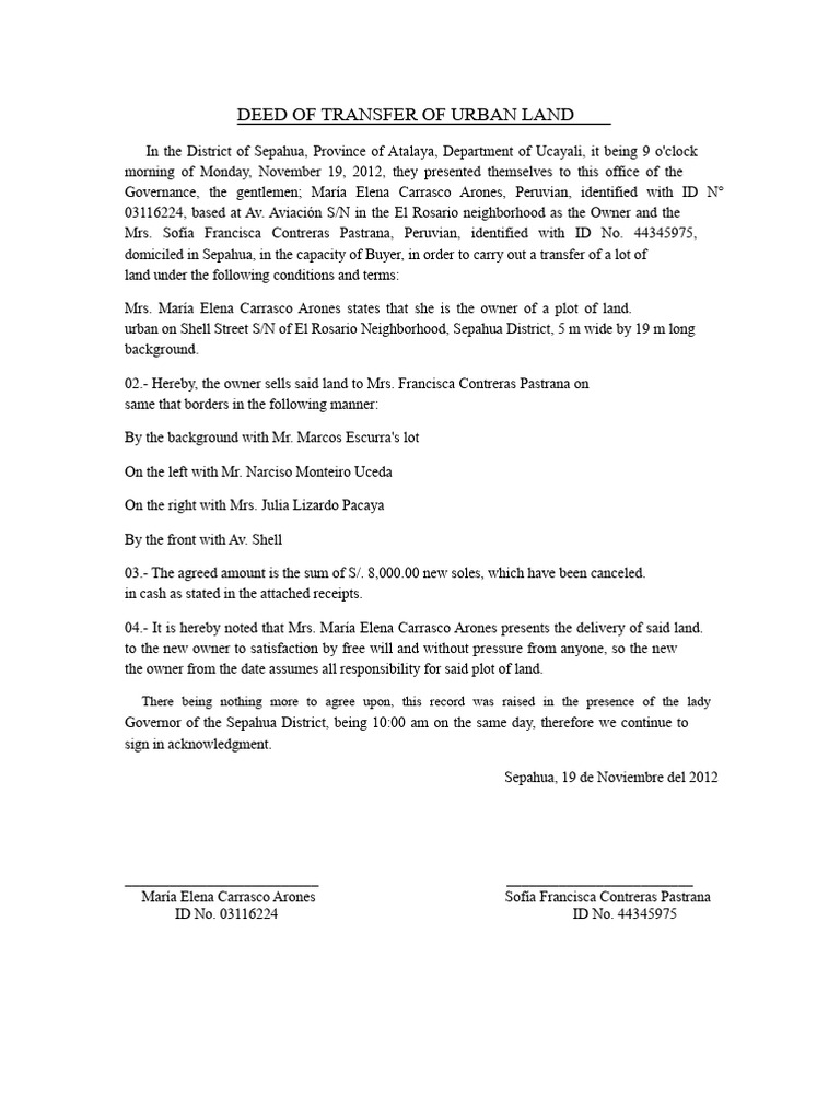 Urban Land Transfer Deed in Sepahua | PDF