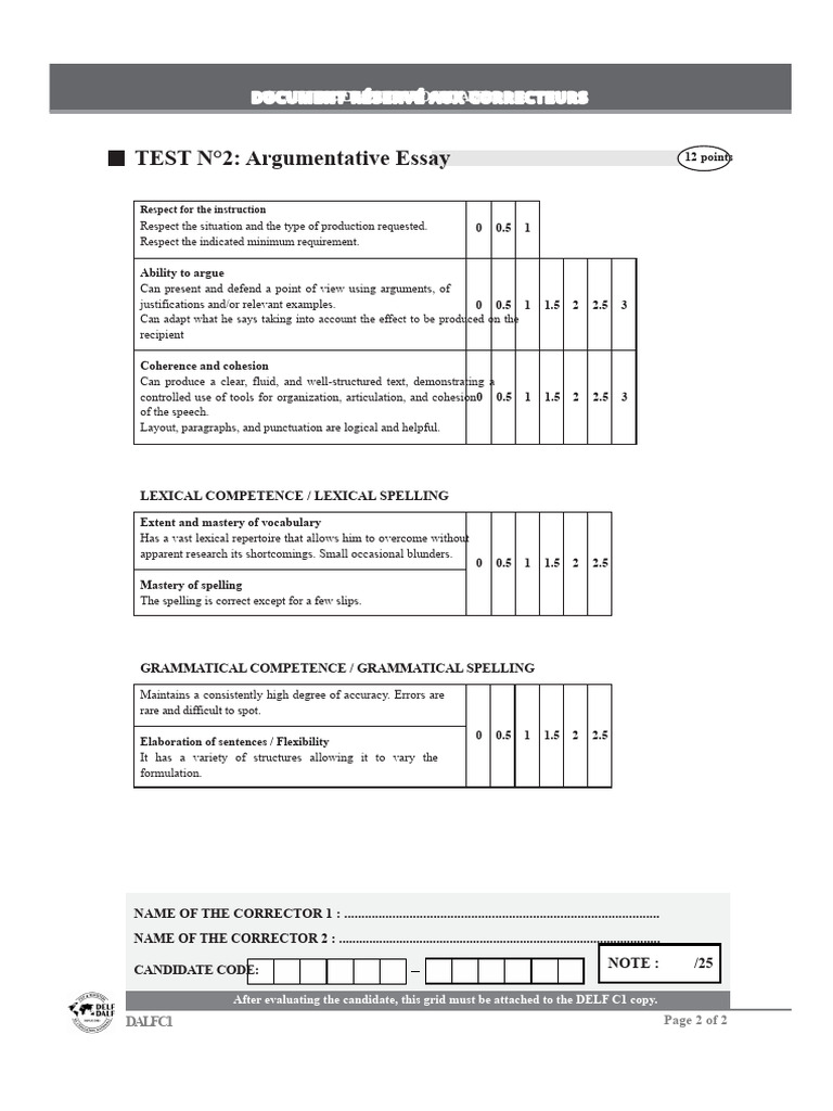 Evaluation Grid For Written Production C1 Argumentative Essay | PDF
