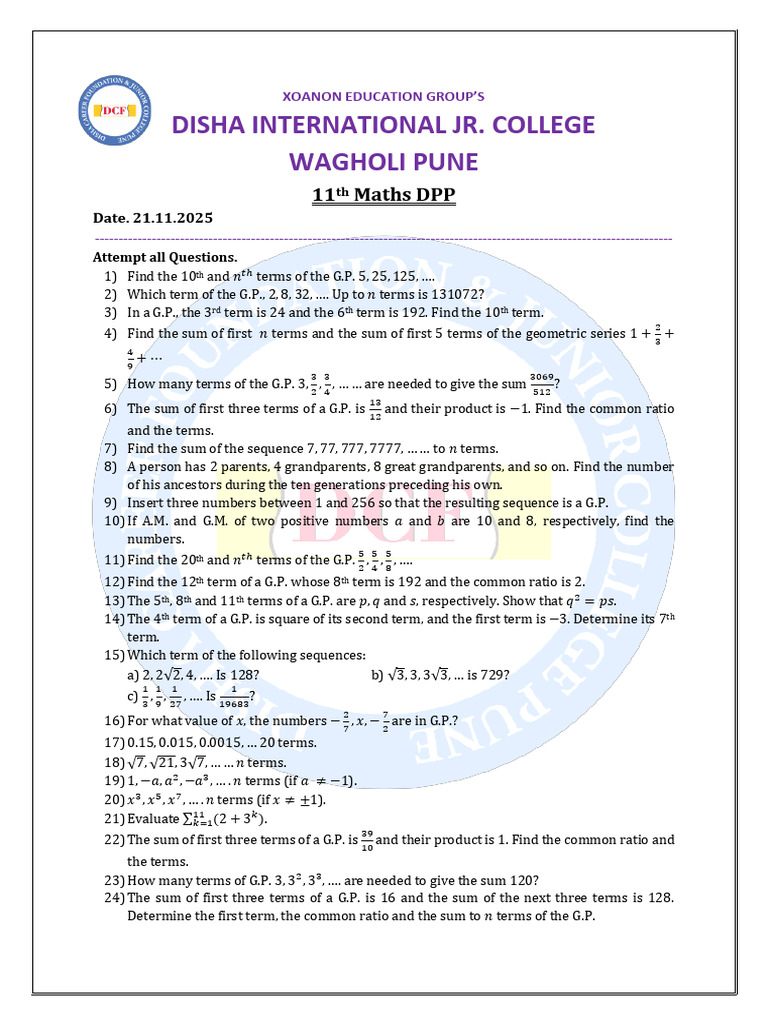 11th Maths DPP For JEE 21.11.2025 | PDF | Mathematical Analysis | Mathematics