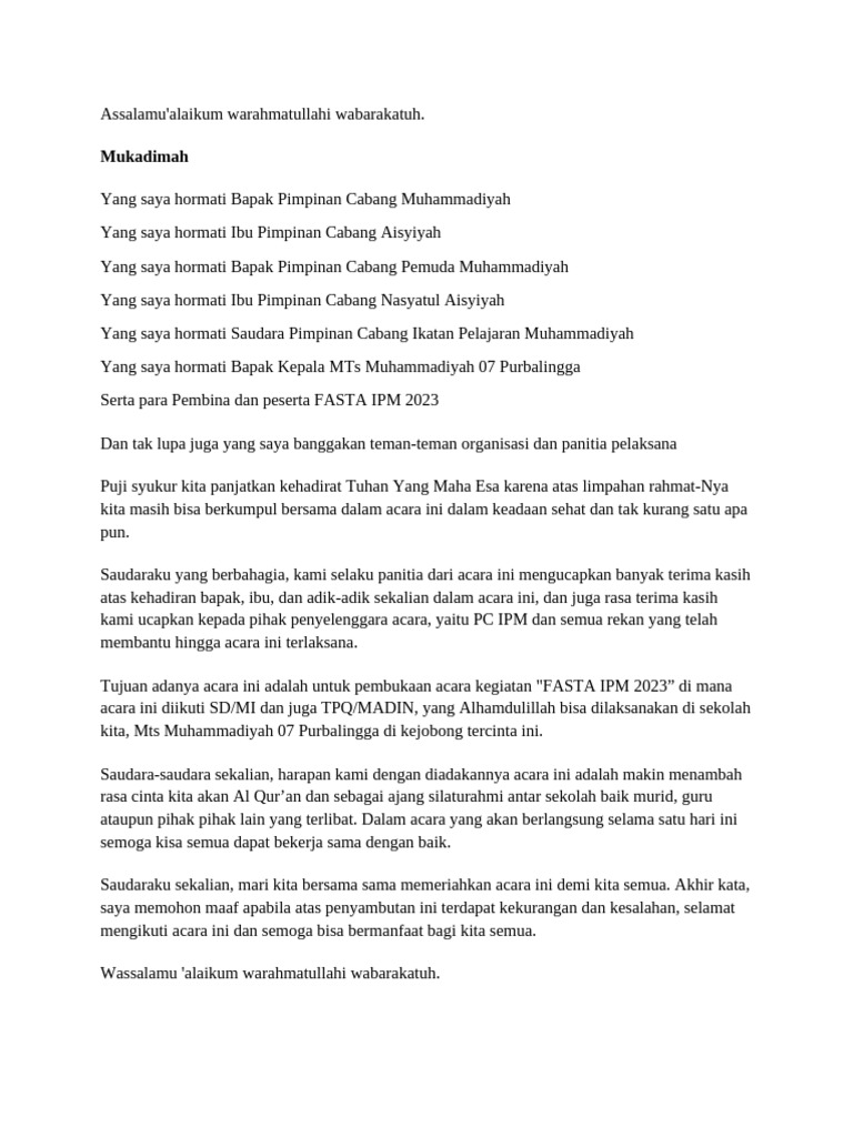 Pembukaan Acara FASTA IPM 2023 | PDF