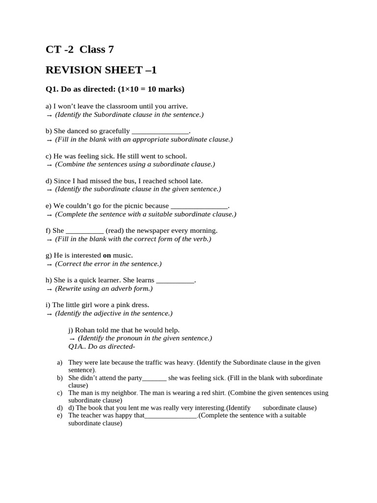 Class 7 Subordinate Clause Revision Sheet | PDF | Semantic Units | Syntax