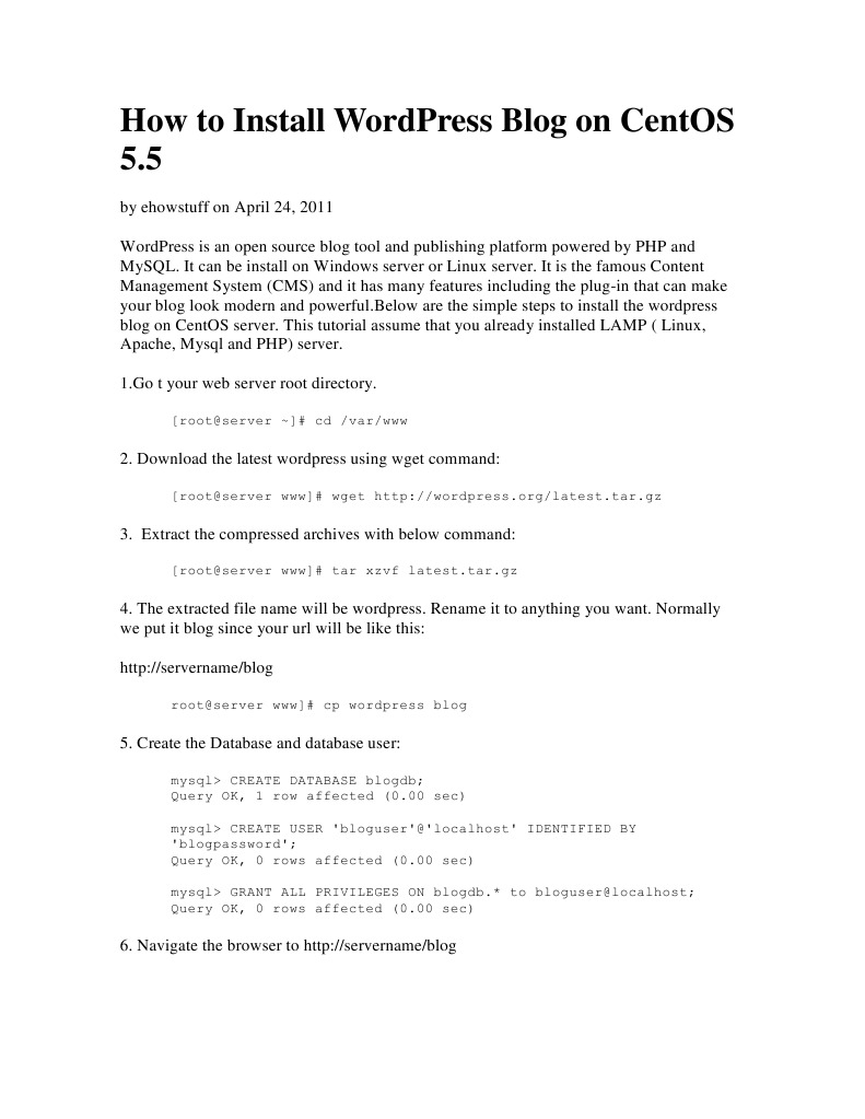 Install Wordpress On Centos 55 Pdf Web Server Internet And Web
