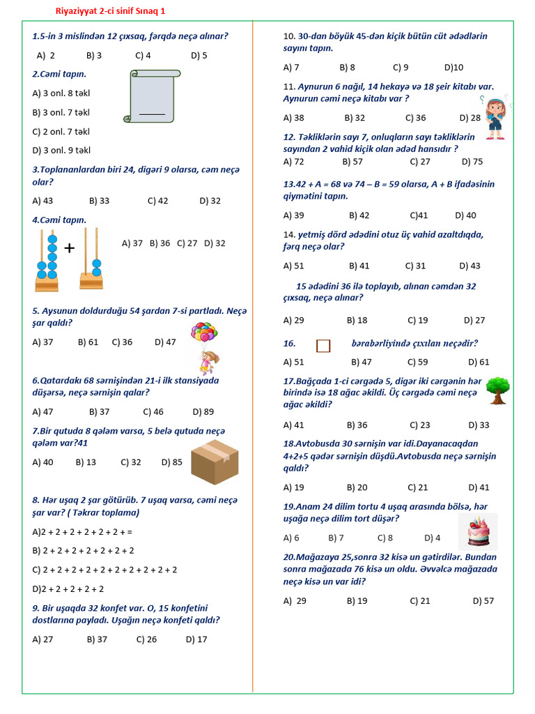 Riyaziyyat 2-Ci Sinif Sınaq | PDF