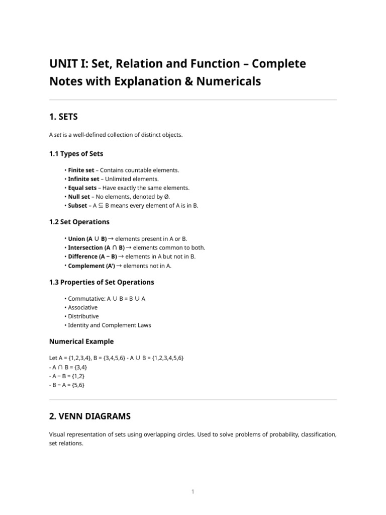 Unit1 Set Relation Function Notes | PDF | Set (Mathematics) | Function ...