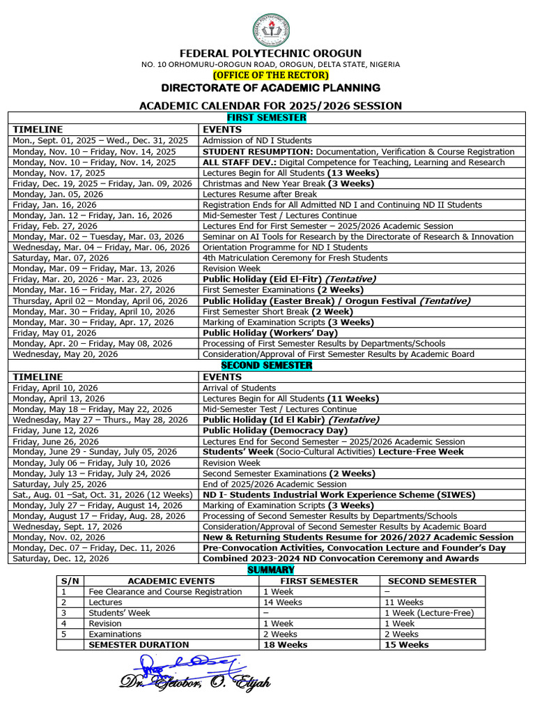 Academic Calendar 2025/2026 - Federal Polytechnic Orogun | PDF ...