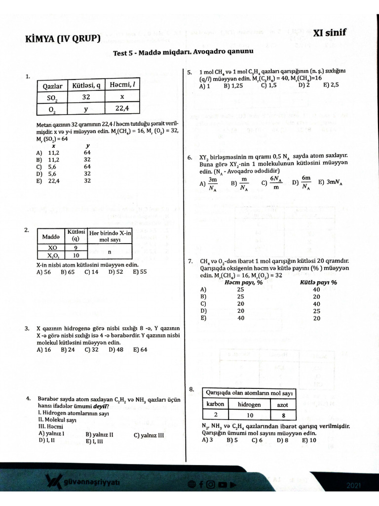 4-Cü Qrup. Quiz 5. Maddə Miqdarı. Avoqadro Qanunu. | PDF