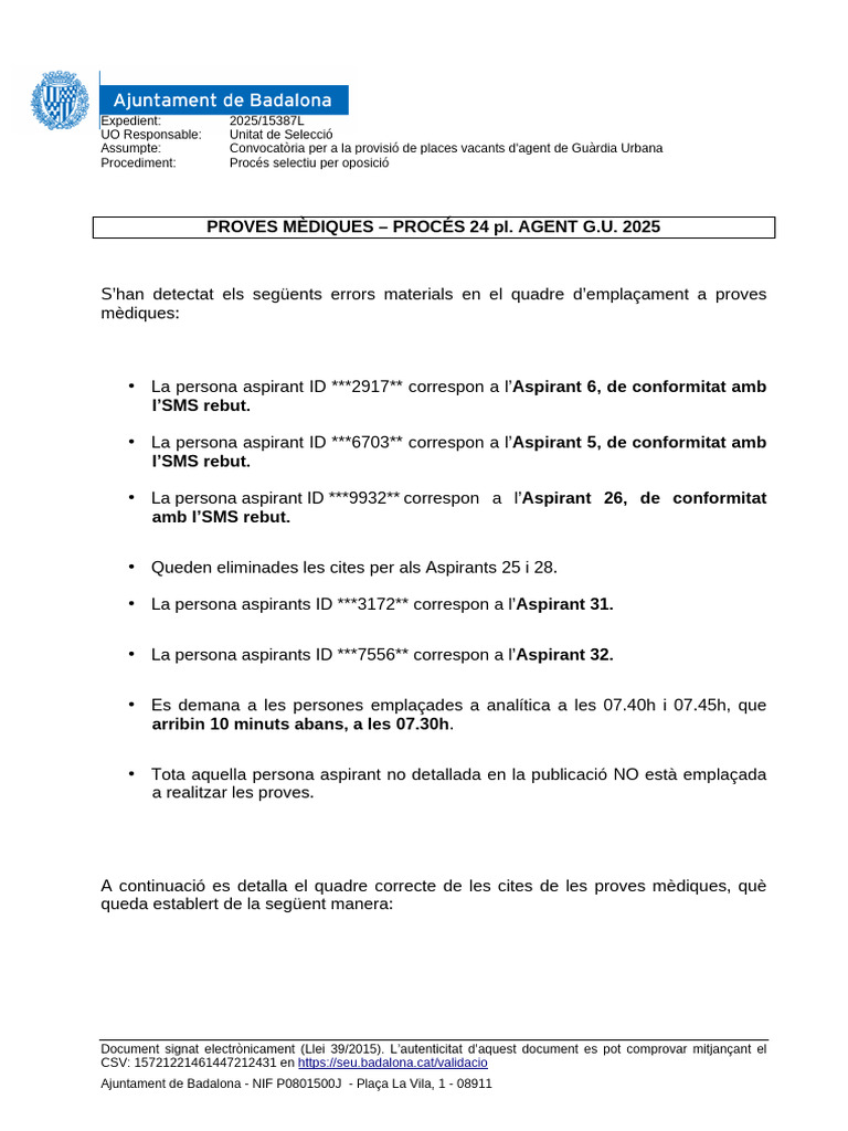 Quadre de Proves Mediques i Rectificacio Citacions (1) | PDF