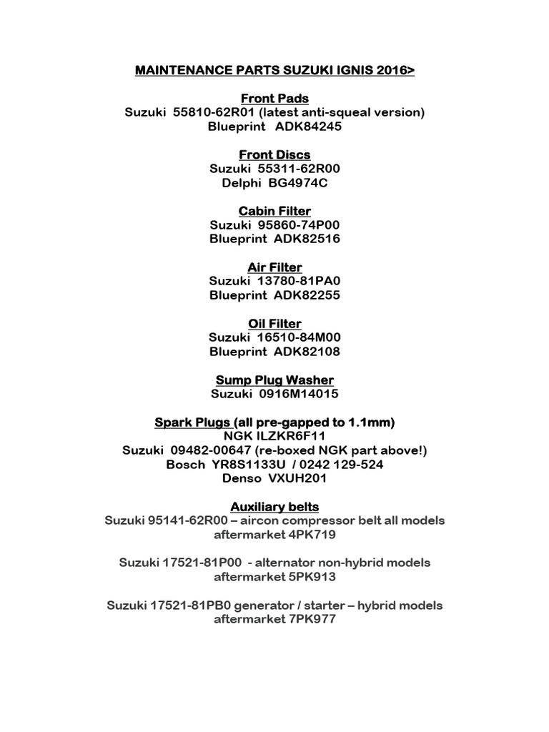 Suzuki Ignis 2016 Maintenance Parts List | PDF | Vehicles | Car Body Styles