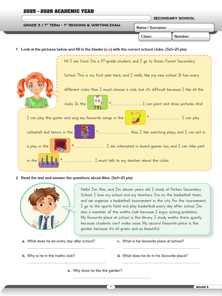 Grade 5 School Clubs Reading Exam | PDF