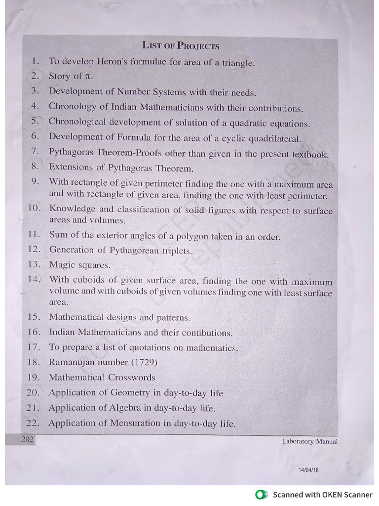 Class 10 Mathematics Projects List | PDF