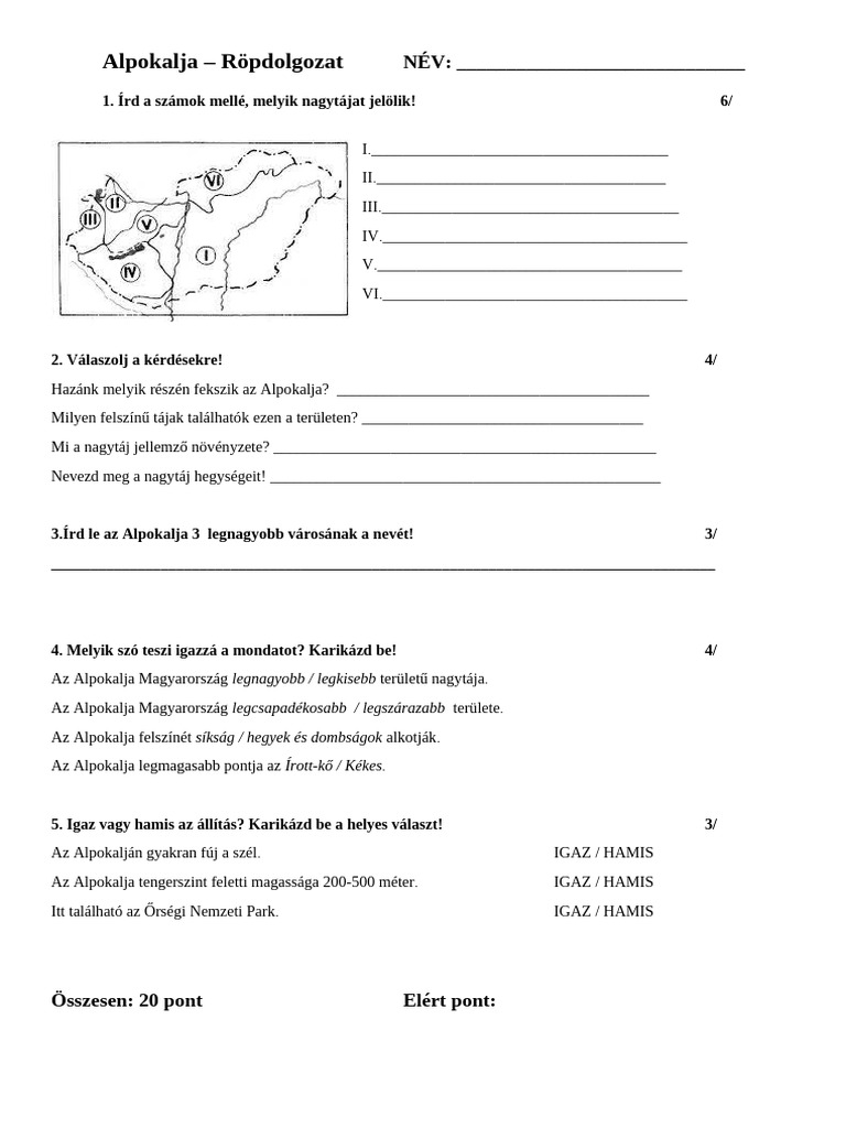 Alpokalja Dunántúli Dombvidék Röpdolgozat | PDF