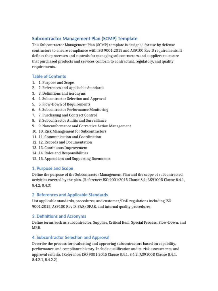 Subcontractor Management Plan Template | PDF | Subcontractor | Business