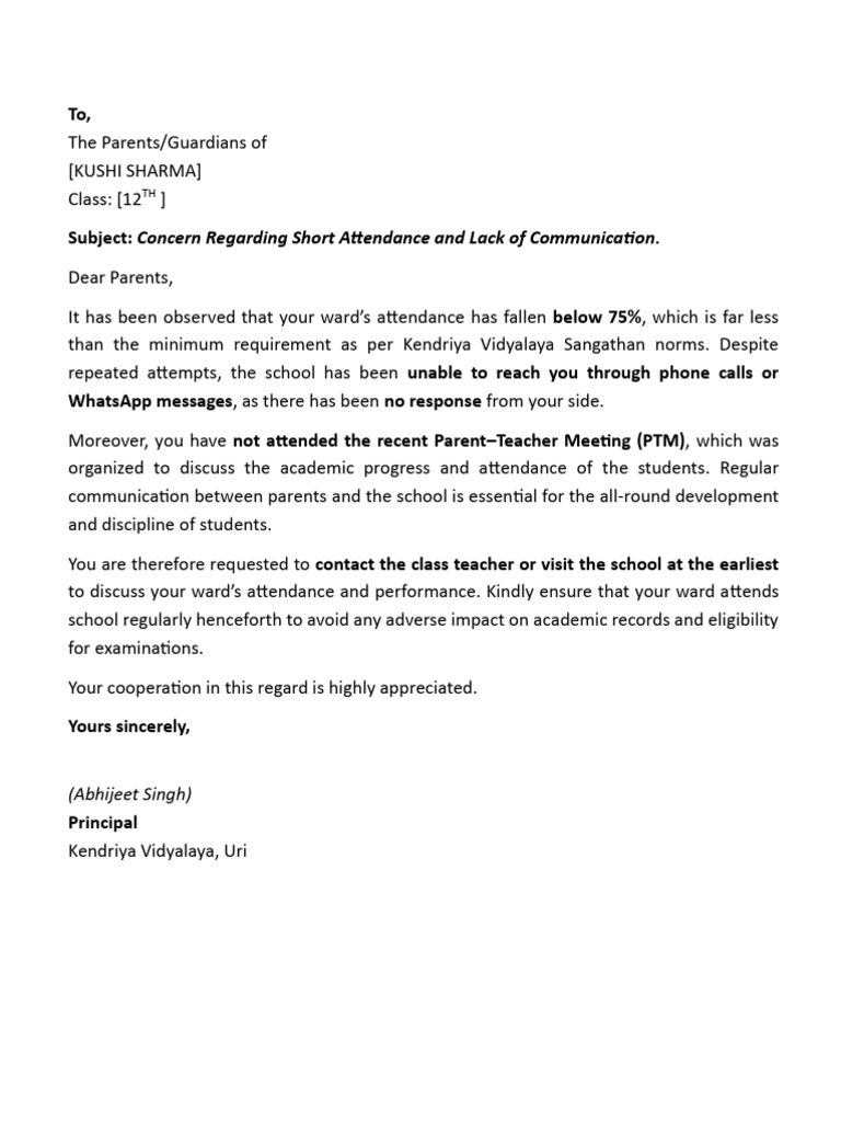 Attendance Concern for Kushi Sharma | PDF