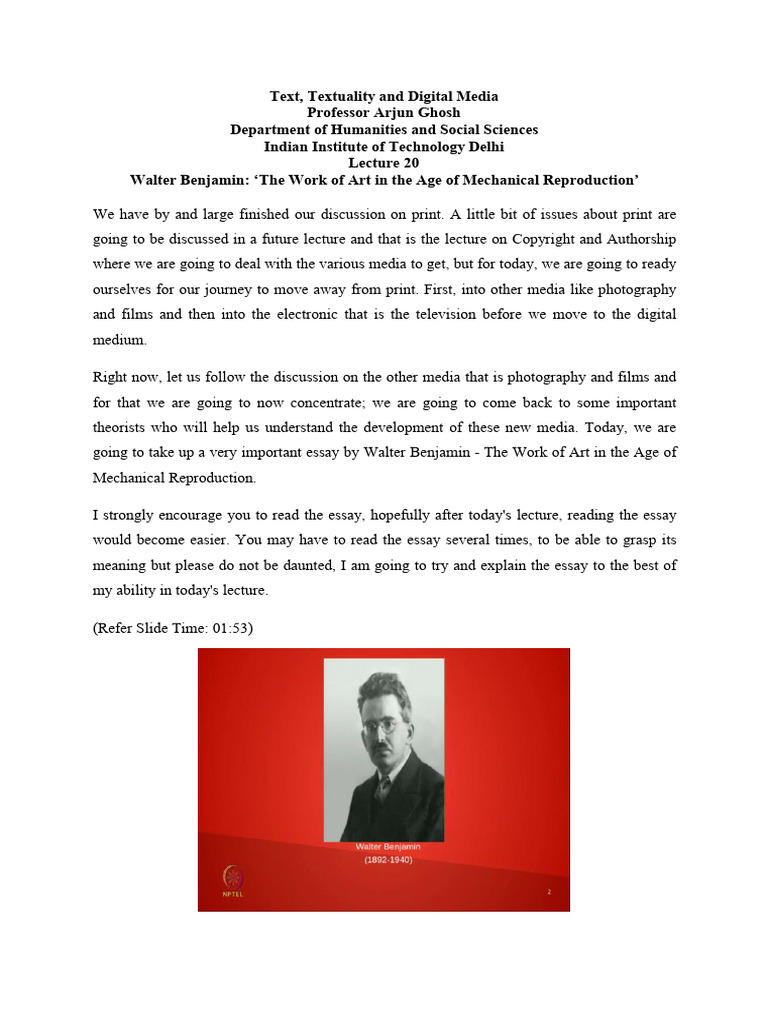 Walter Benjamin on Art and Reproduction | PDF | Exposure (Photography ...