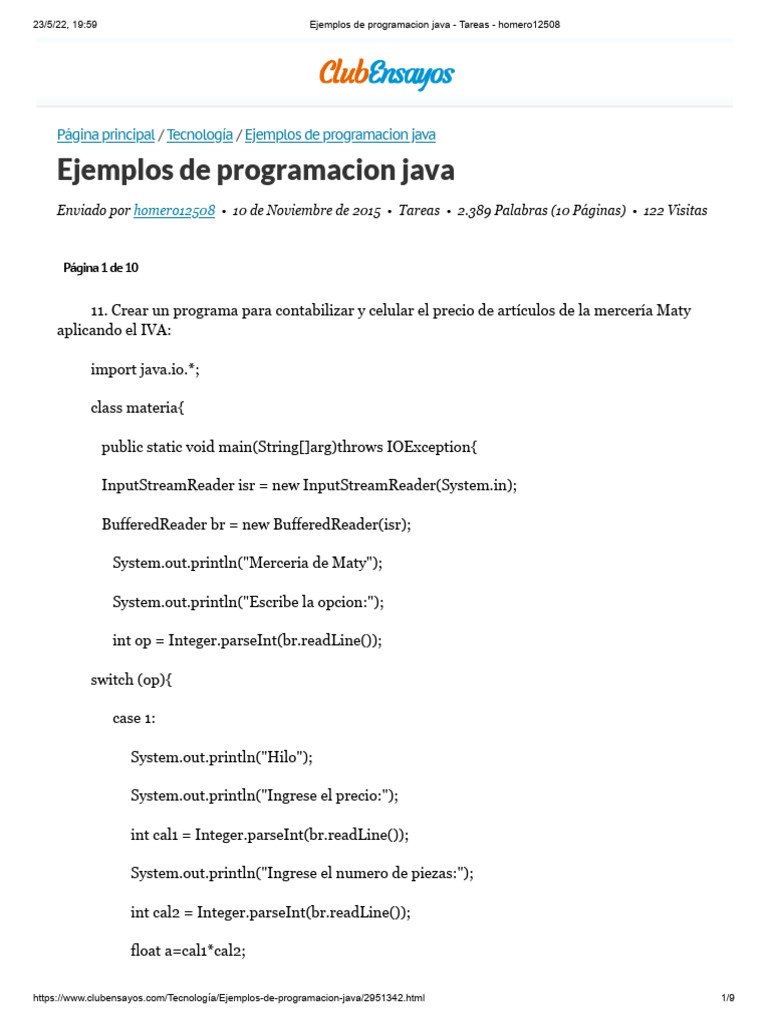 Ejemplos de programacion java - Tareas - homero12508 | PDF | Java (lenguaje de programación ...