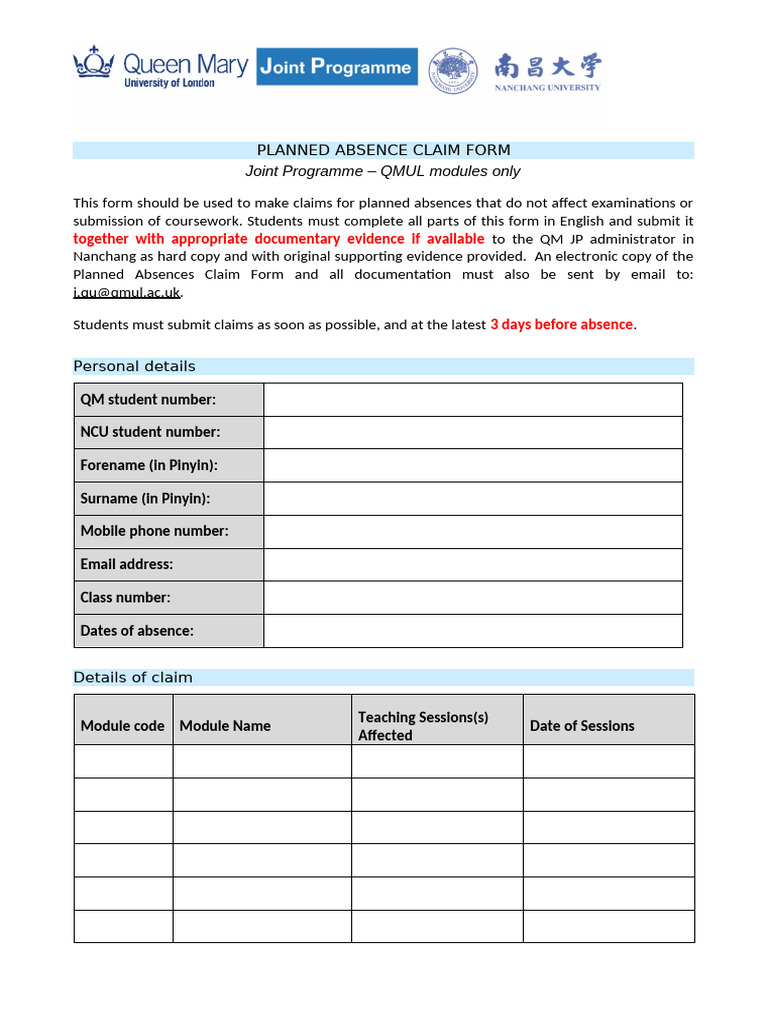 Planned Absence Claim Form 2021 | PDF
