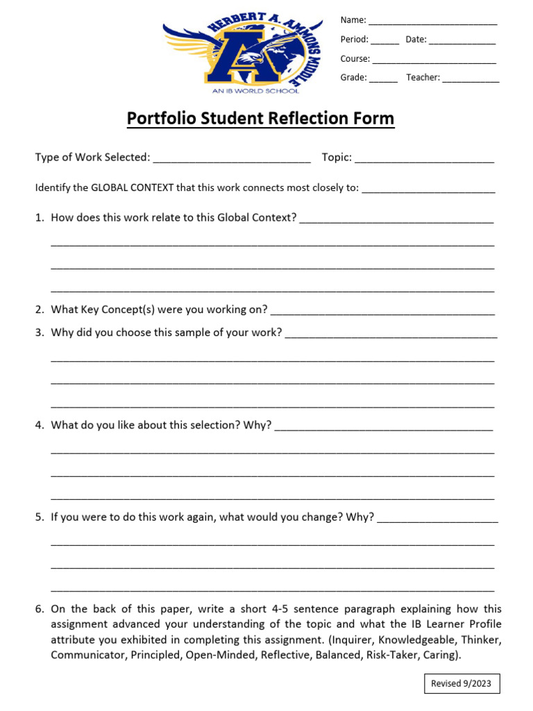 Portfolio Student Reflection Form 2024 | PDF